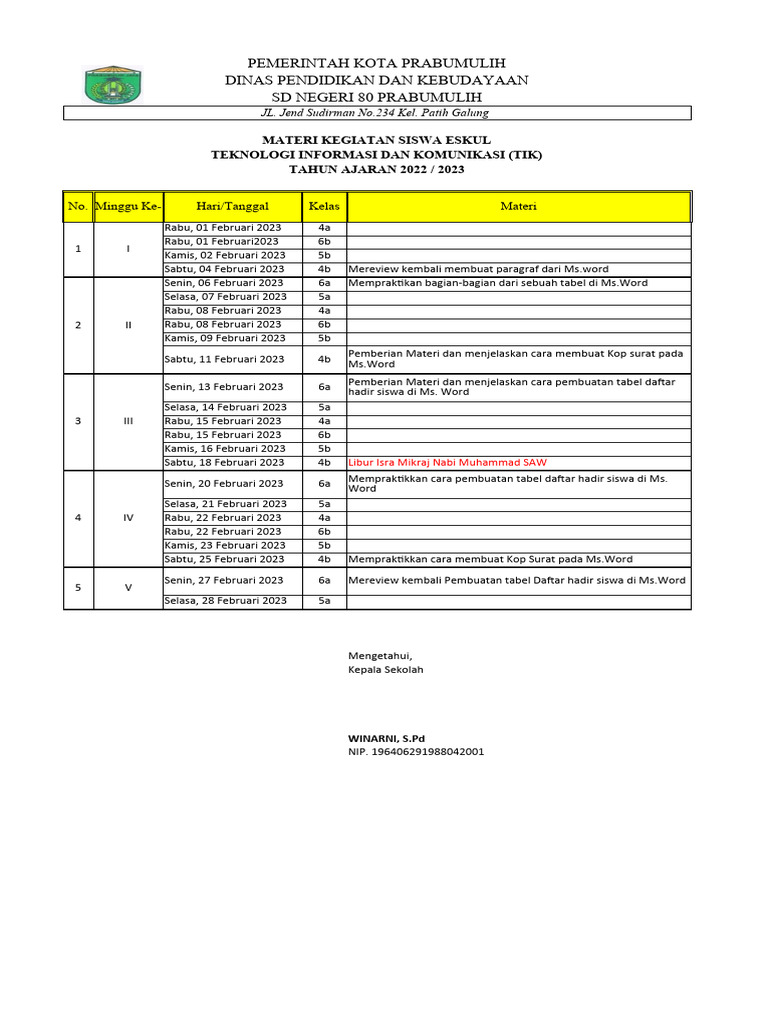 Jadwal Eskul TIK SDN 80 Prabumulih 2023 | PDF