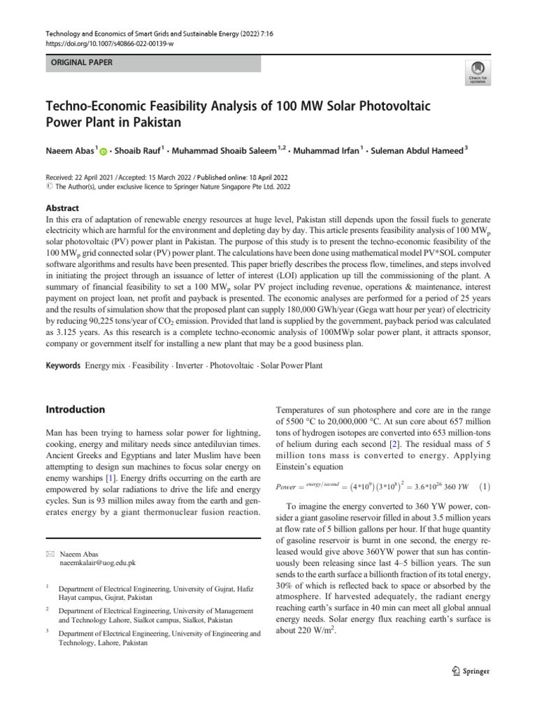 Techno-Economic Feasibility Analysis of 100 MW Solar Photovoltaic Power Plant in Pakistan | PDF ...
