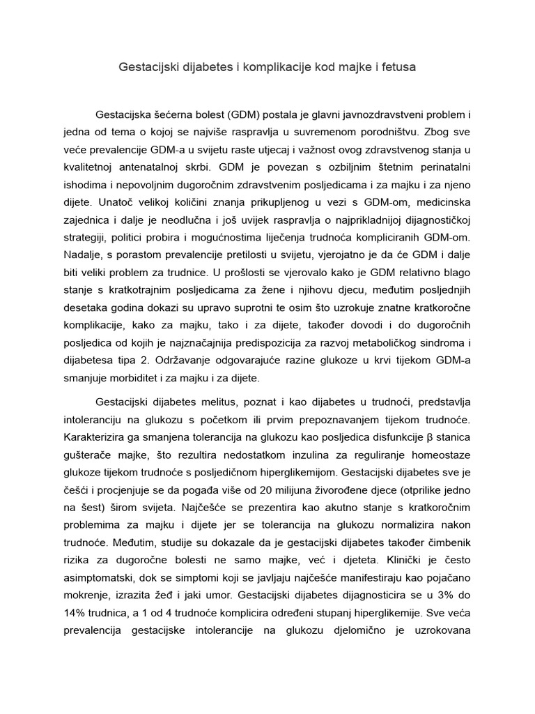 Gestacijski Dijabetes I Komplikacije Kod Majke I Fetusa | PDF
