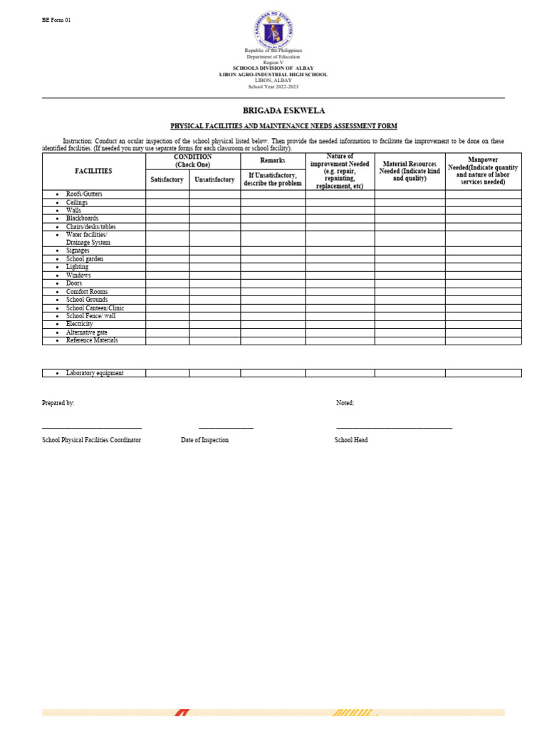 BE Form 1 PHYSICAL FACILITIES AND MAINTENANCE NEEDS ASSESSMENT FORM | PDF