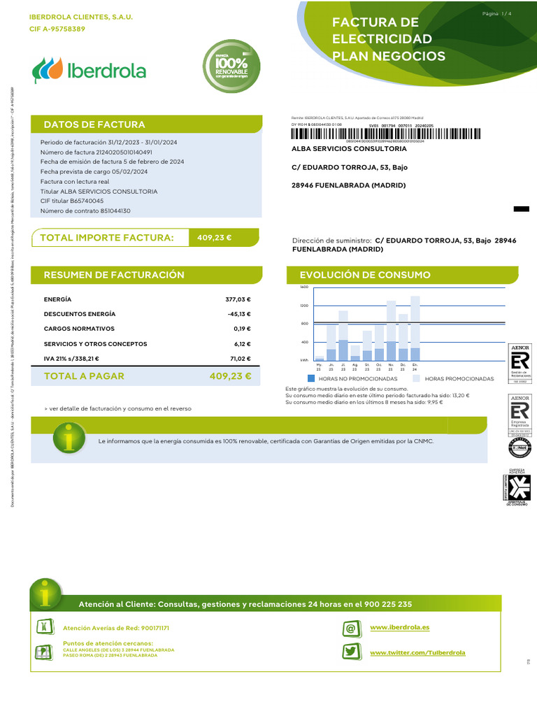 Factura Iberdrola | Descargar gratis PDF | Factura | Energia electrica