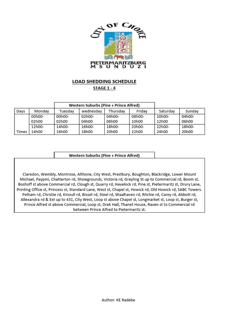 LOAD SHEDDING SCHEDULE WORD STAGE 1 - 4 5 - 8 Update | PDF