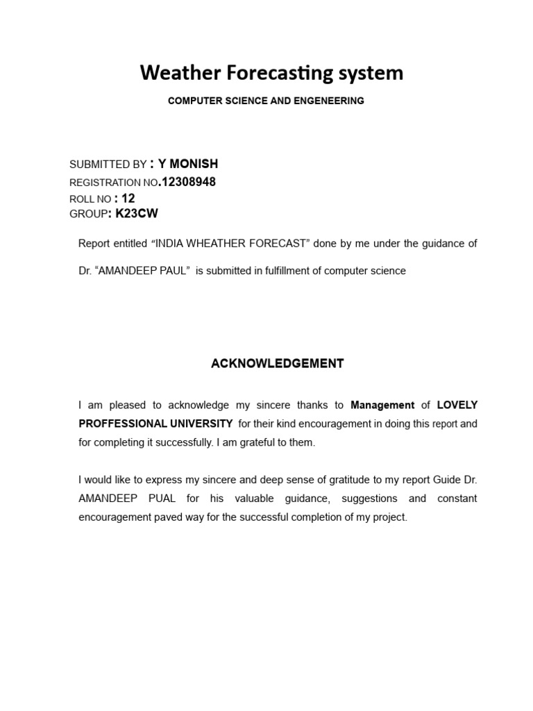 Weather Forecasting System: Y Monish 12308948: 12: K23CW | PDF ...