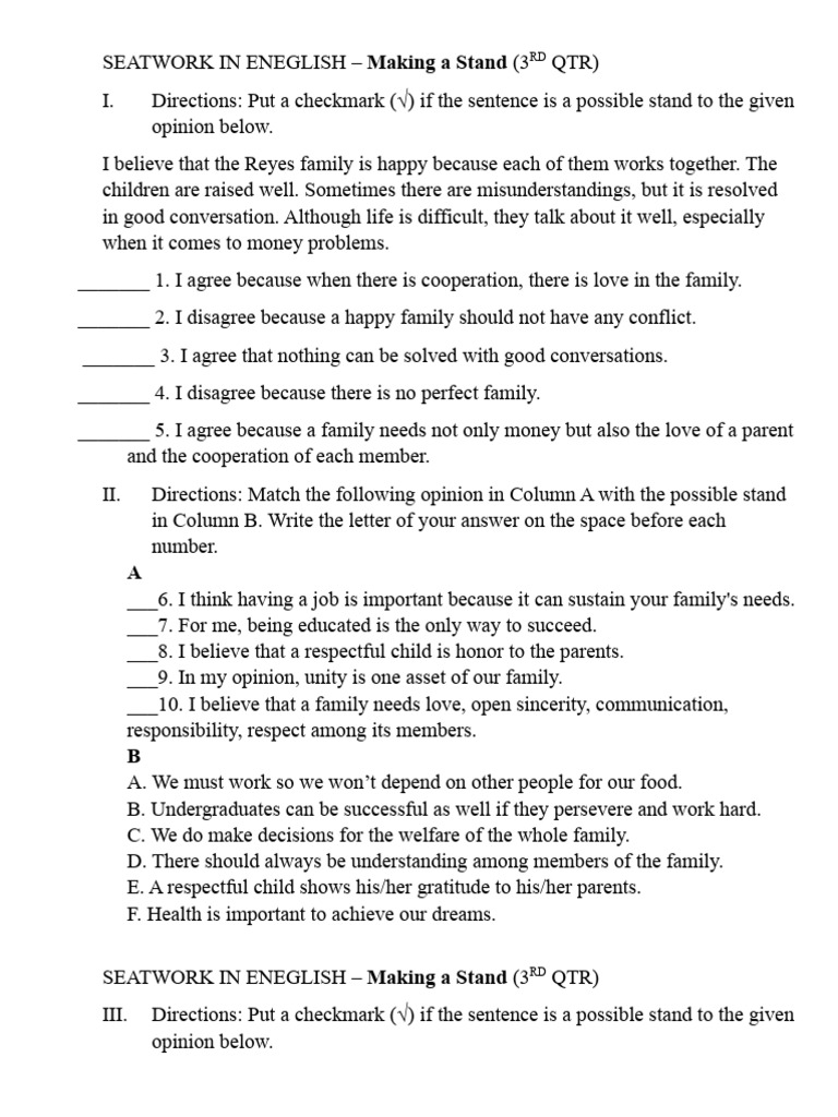 MAKING A STAND Seatwork | PDF | Wellness