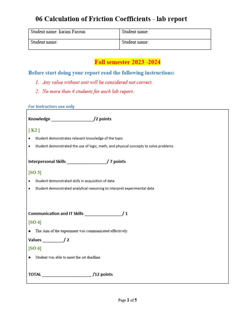 06 Calculation of Friction Coefficients - Labwork | PDF | Friction | Force