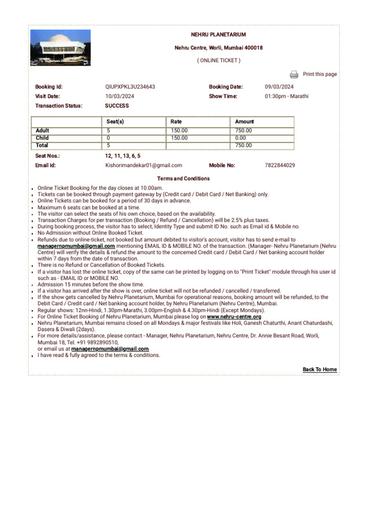 Nehru Planetarium Ticket Booking Info | PDF | Credit Card | Debit Card
