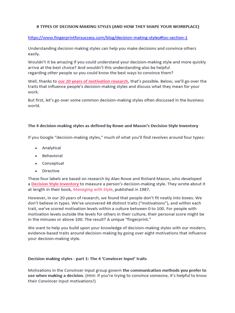 8 Types of Decision Making Styles | PDF | Decision Making | Motivation