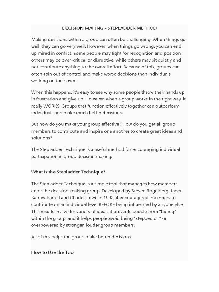 Decision Making - Stepladder Method | PDF | Decision Making | Group Decision Making