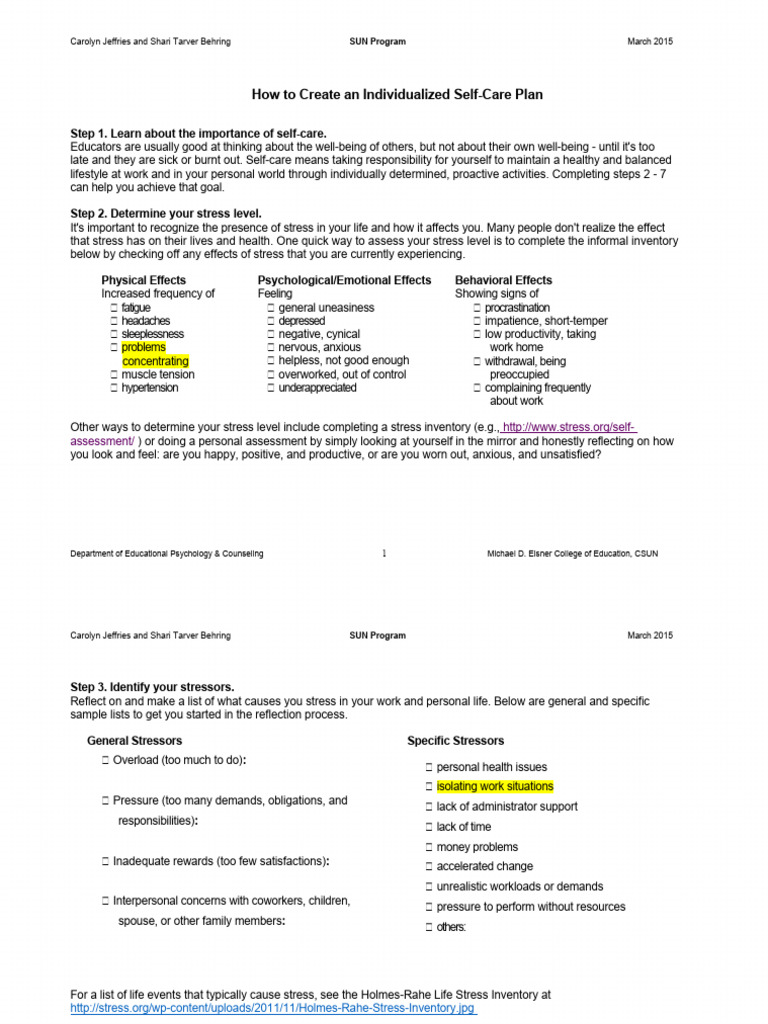 LA8Self Care PlanWorksheettopost | PDF