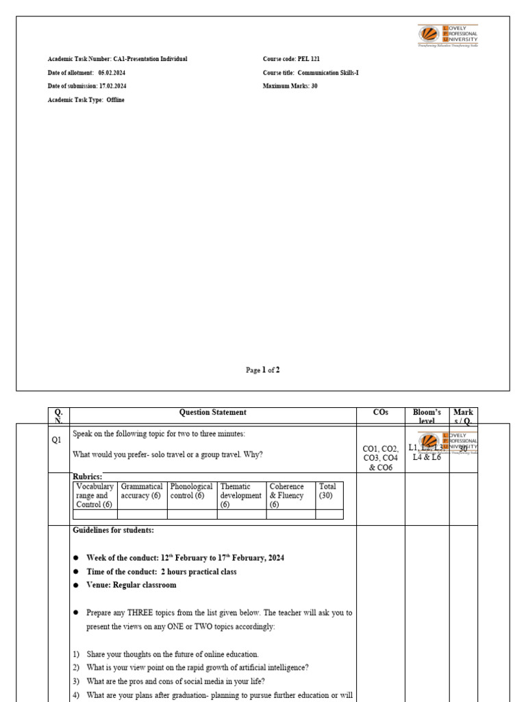 Sample CA1 PEL121 | PDF | Fluency | Cognitive Science