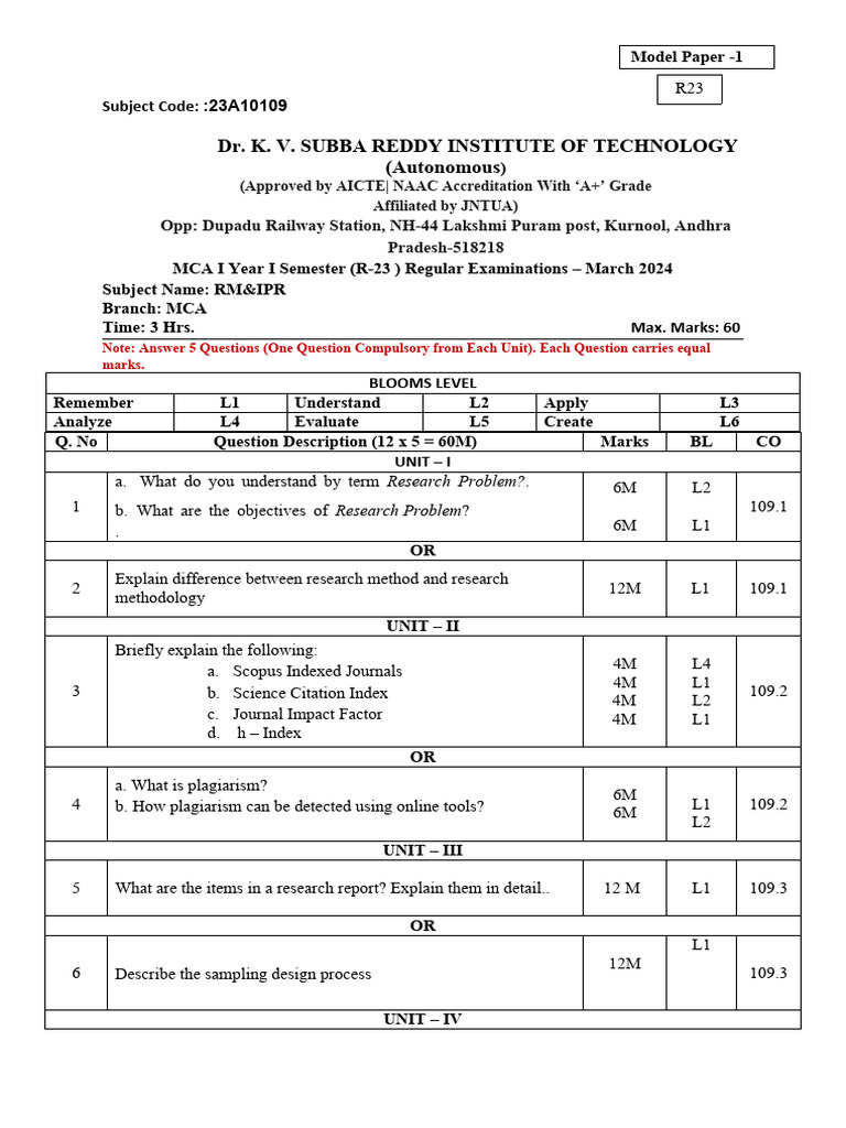 Rm&Ipr Model Paper - I | PDF | Intellectual Property Law | Intellectual Works
