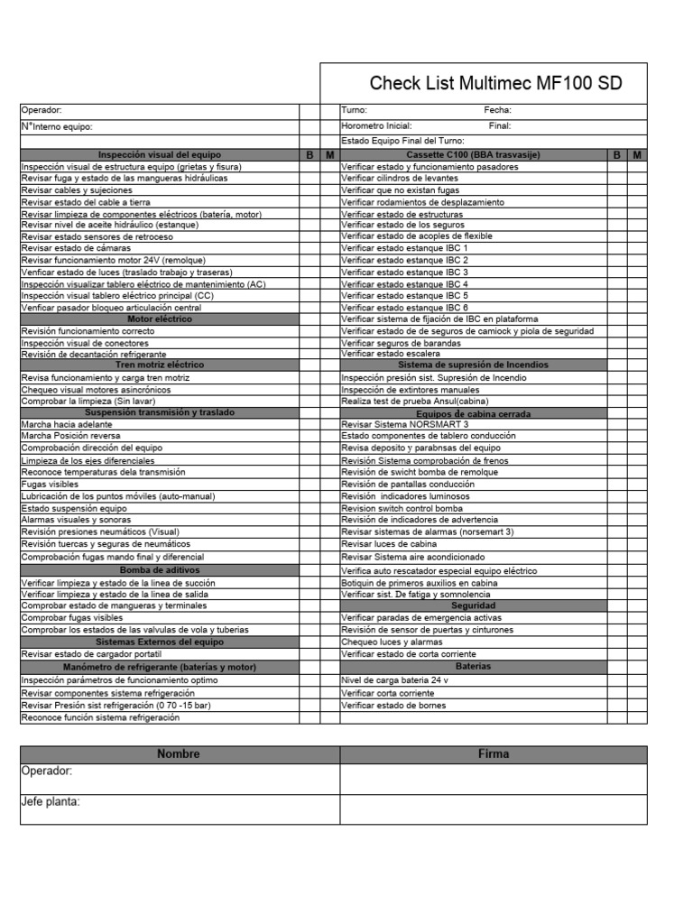 Check List Multimec MF100 SD | Descargar gratis PDF | Bomba | Industria automotriz