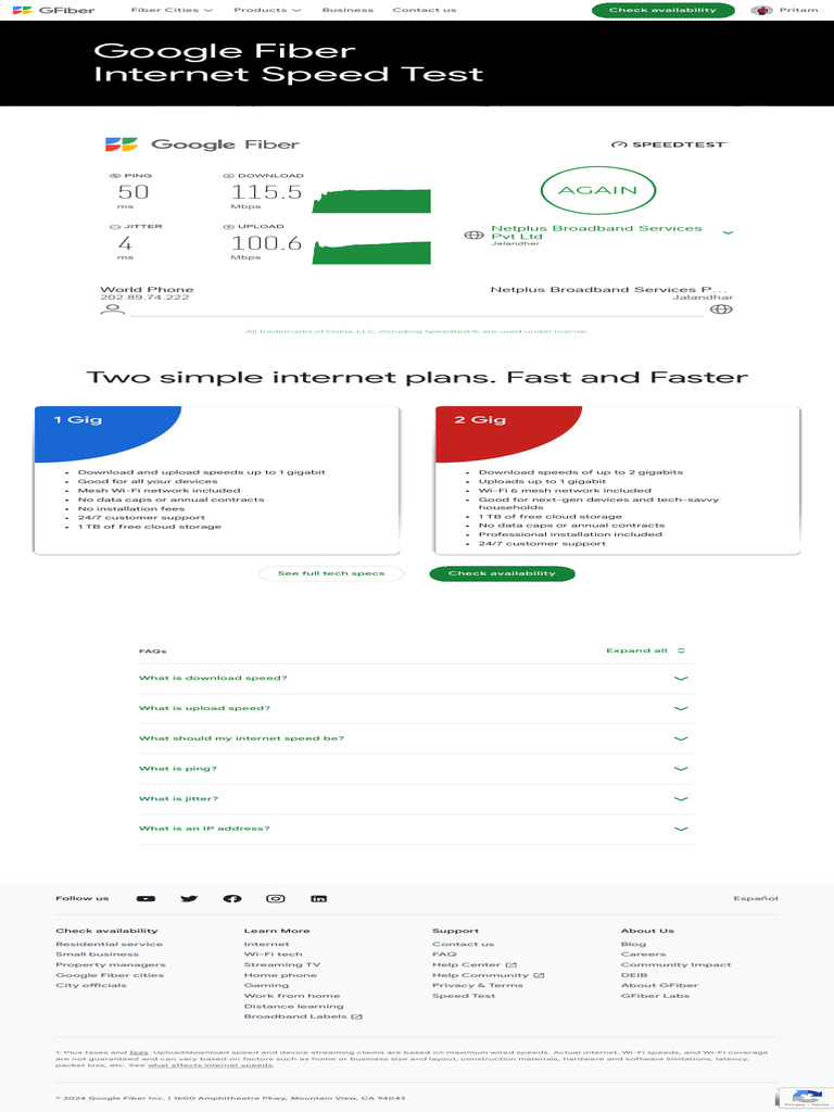 Internet Speed Test Check Broadband Speed Google Fiber | PDF