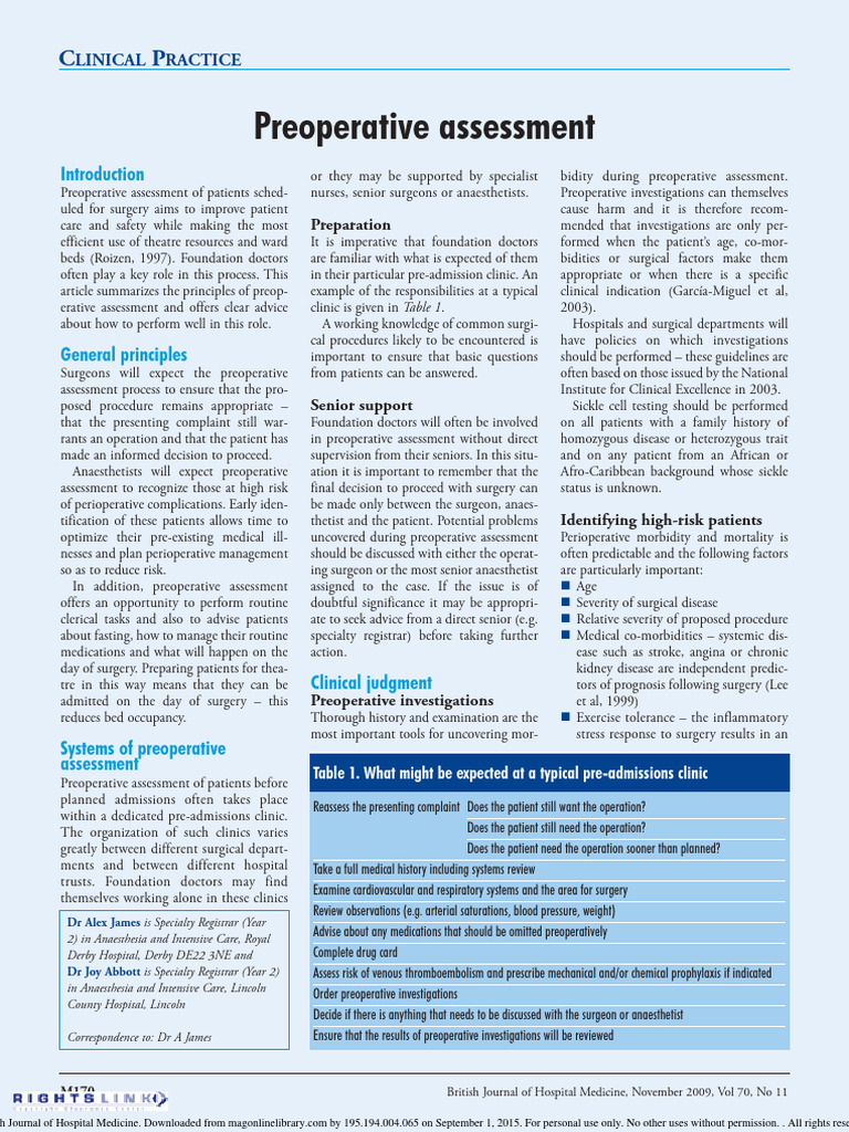 Preoperative Assessment | PDF | Surgery | Medicine