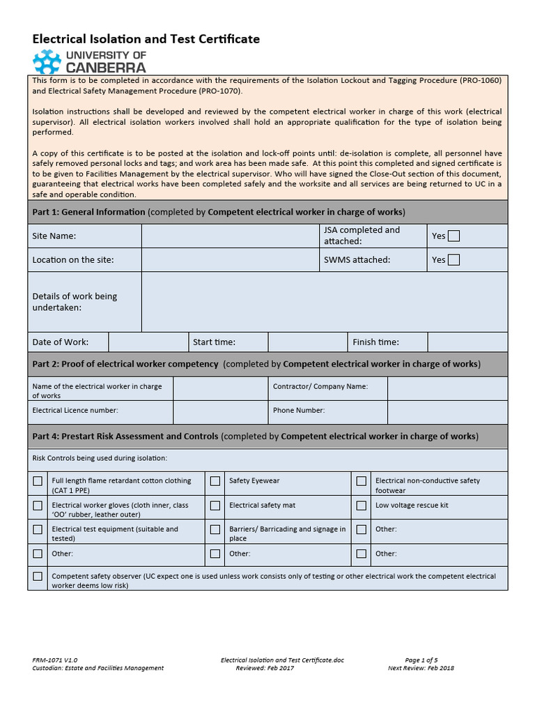 Electrical Isolation and Test Certificate | PDF