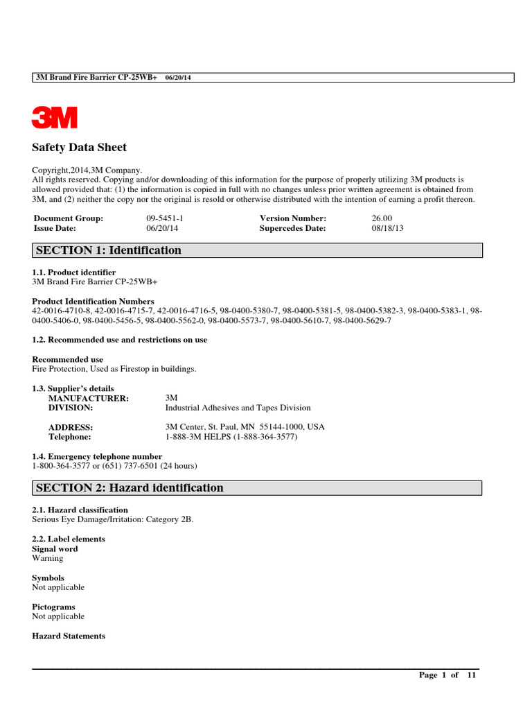 MSDS - Masilla Corta Fuego - CP 25WB+ | PDF | Hazardous Waste | Waste