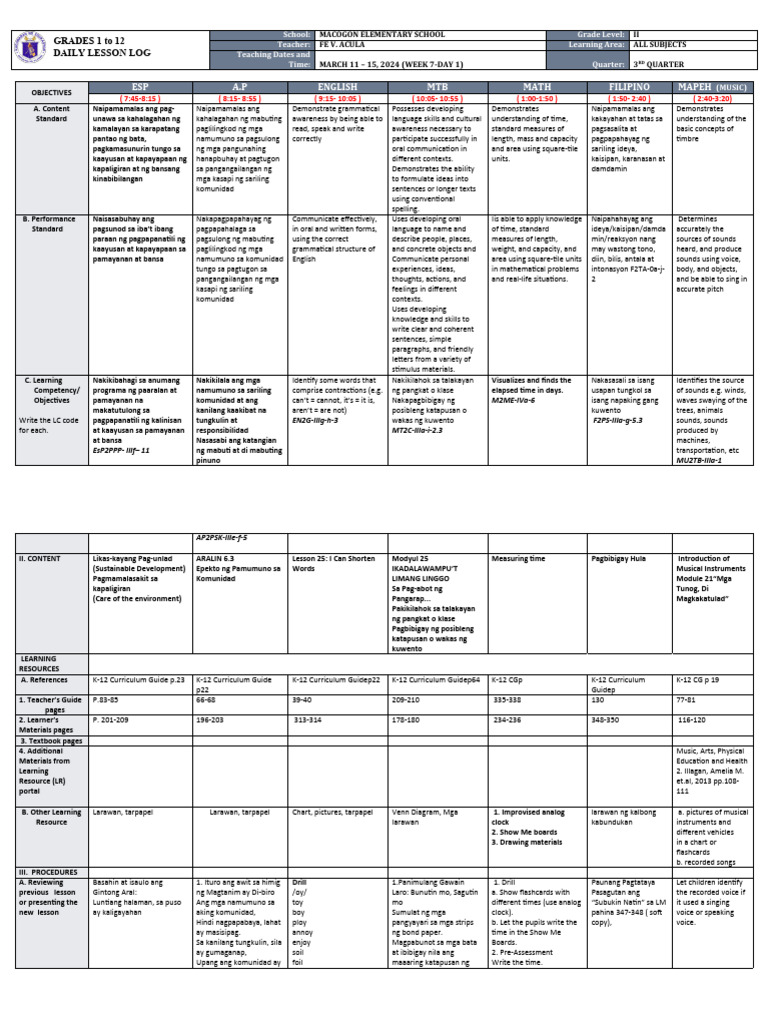 DLL - All Subjects 2 - Q3 - W7 - D1 | PDF | Sound | Cognition