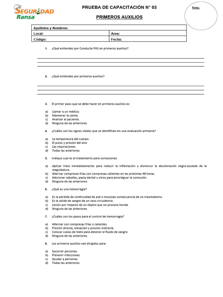 02. Examen Cap Primeros Auxilios | PDF