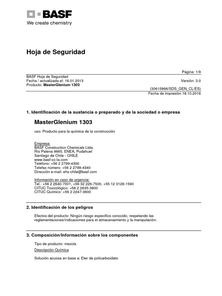 Hoja de Seguridad MasterGlenium 1303 | PDF | Química | Ciencias fisicas