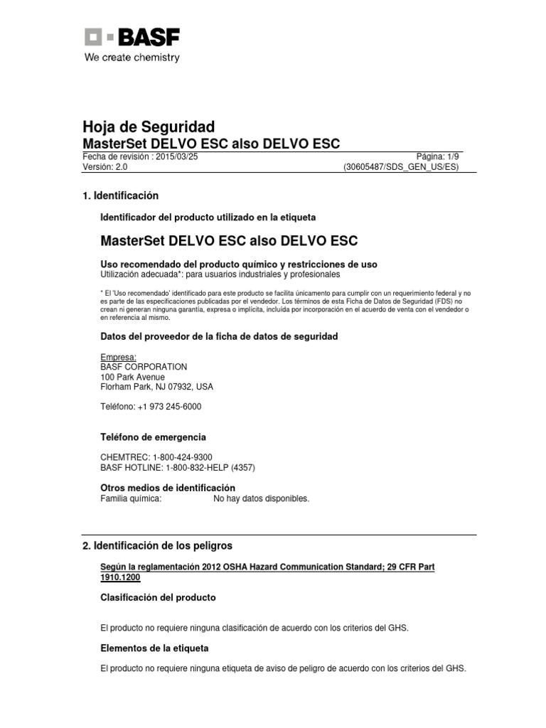 215 - Hoja de Seguridad MasterSet Delvo | PDF | Administración de ...