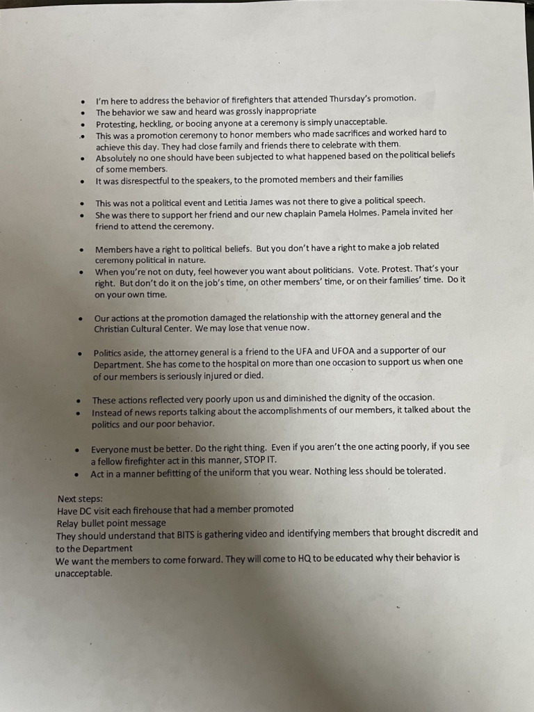 Tish James Letter Re FDNY Boos | PDF