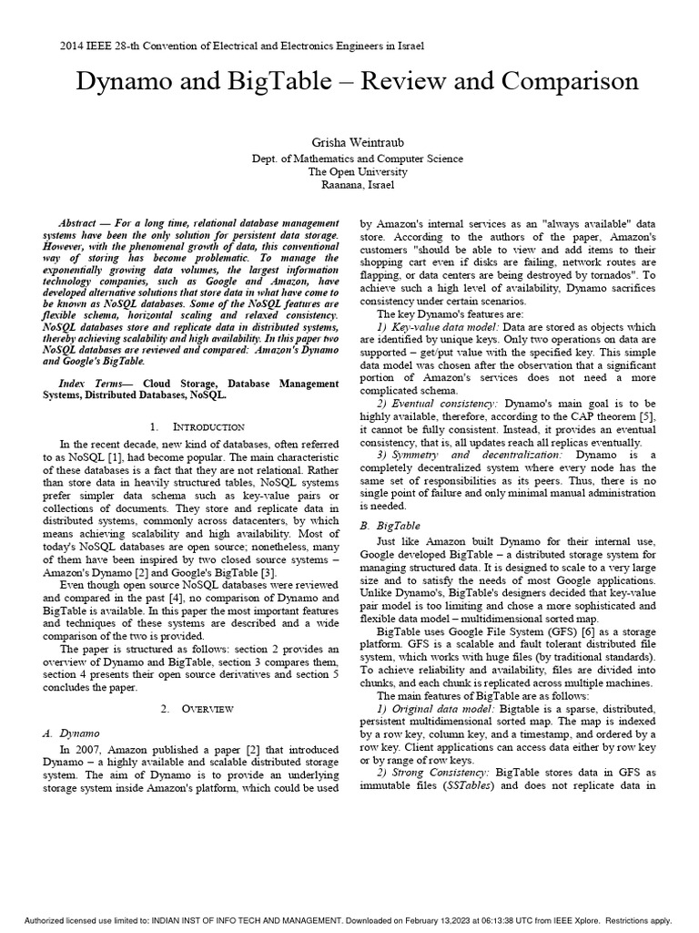 Dynamo and BigTable Review and Comparison | PDF | No Sql | Databases