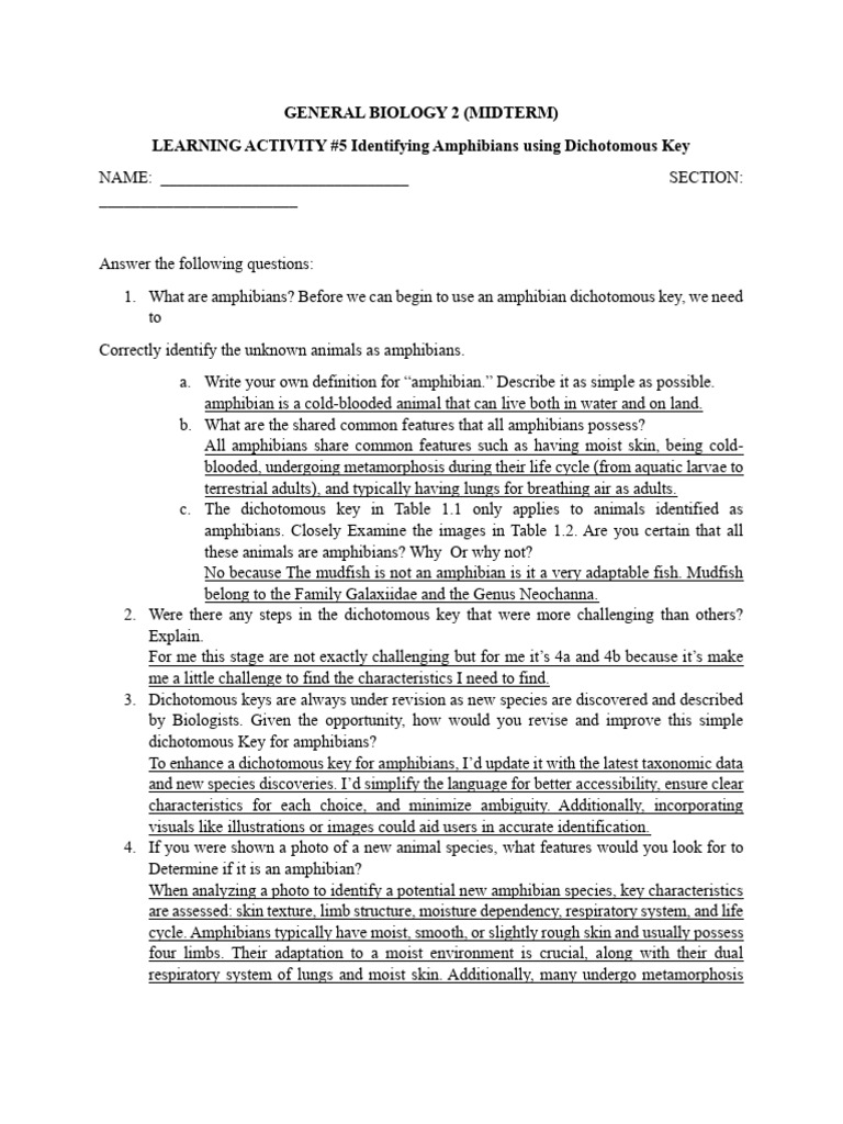 General Biology 2 (Midterm) LEARNING ACTIVITY #5 Identifying Amphibians Using Dichotomous Key ...