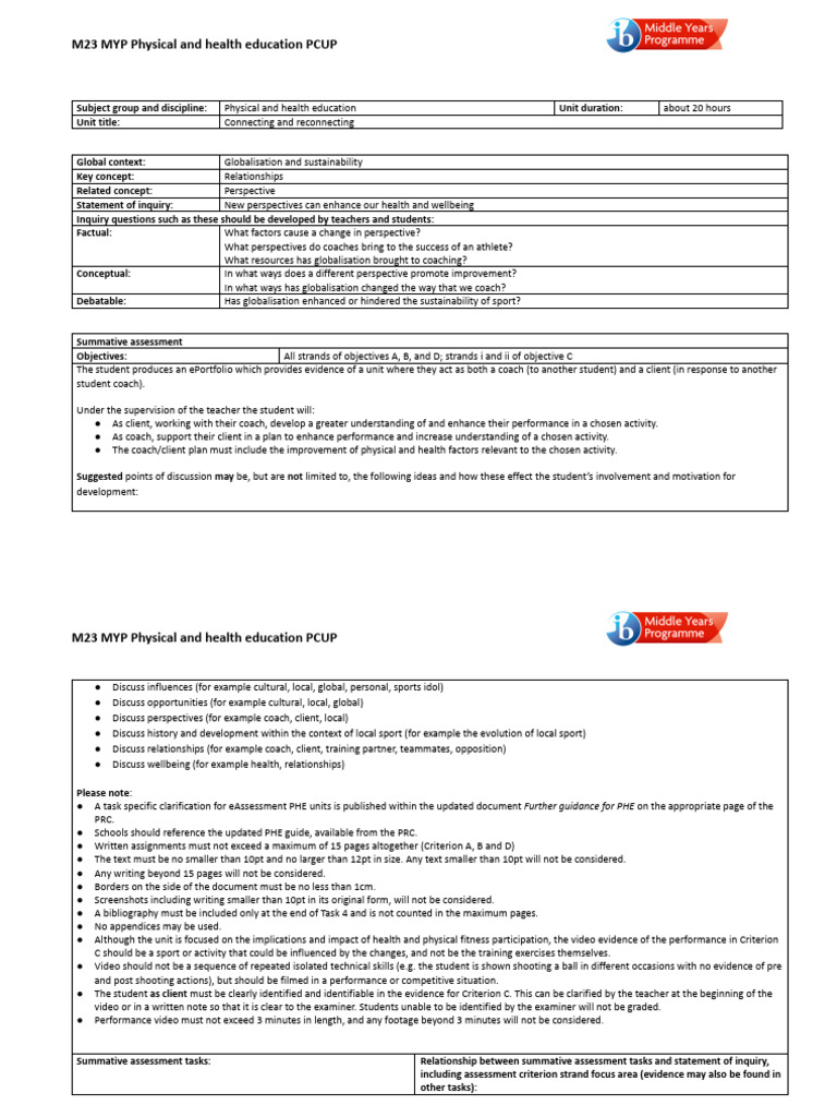 M23 MYP Physical Education Unit Guide | PDF | Goal | Health Education