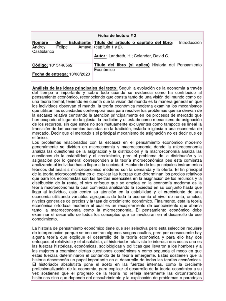 Formato ficha lectura No. 2 | PDF | Historia del pensamiento económico | Pensamiento