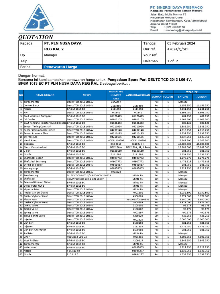QTT Spare Part Deutz TCD Dan BF6M | PDF | Vehicle Technology | Vehicle Parts
