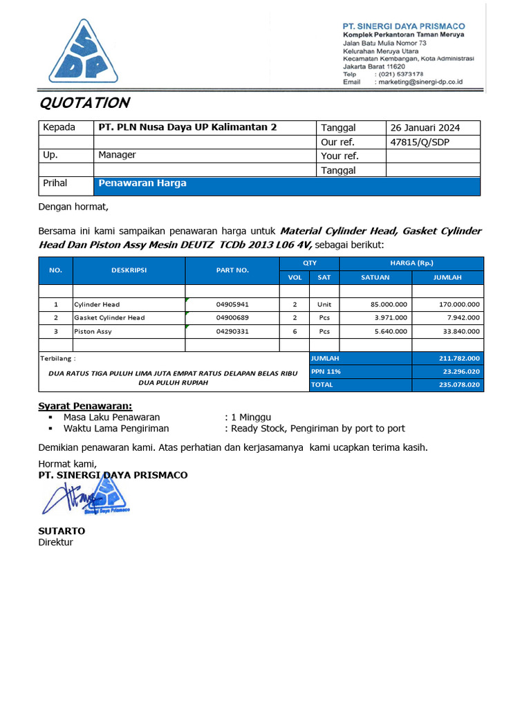 QTT Material Cylinder Head Gasket Cyl Head & Piston Assy - PT PLN Nusa Daya UP Kal 2 | PDF