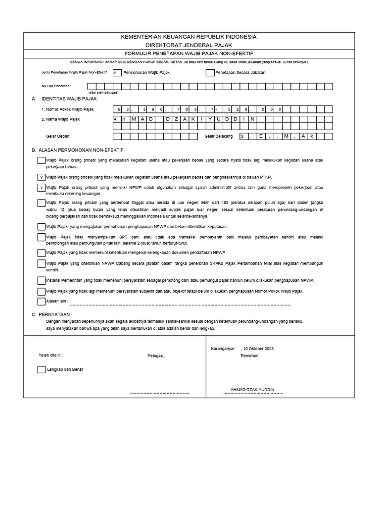 Formulir Penetapan WP Non Efektif | PDF