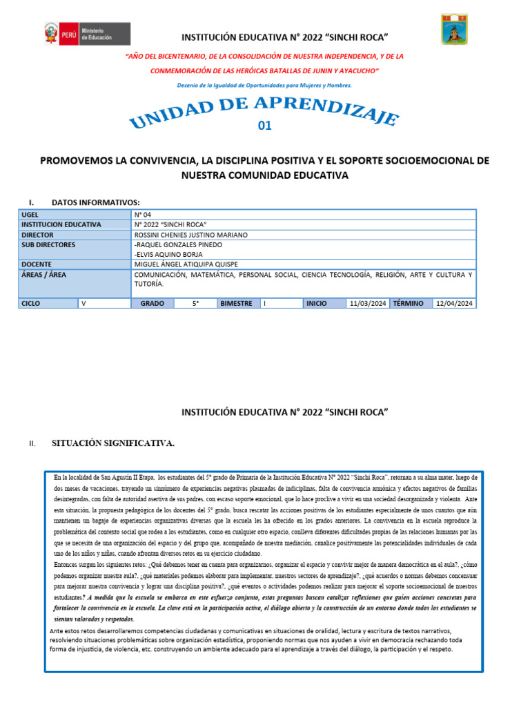 Unidad de Aprendizaje #1 - 5° Grado | PDF | Aprendizaje | Evaluación