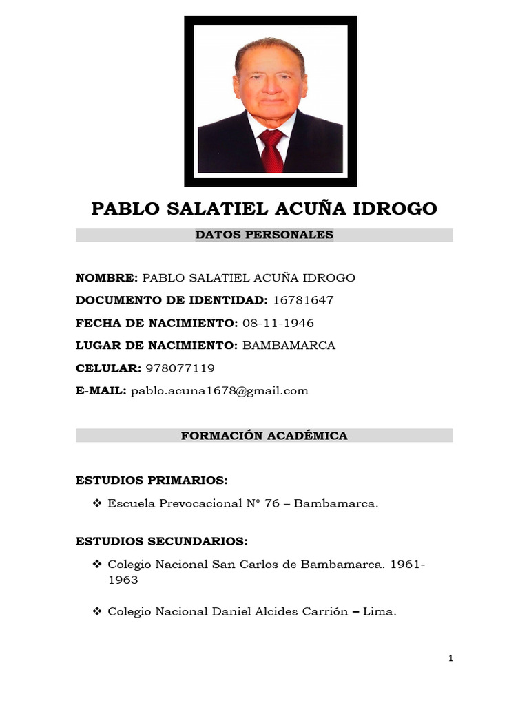 Hoja de Vida. Pablo Salatiel Acuña Idrogo | PDF | Ciencias sociales