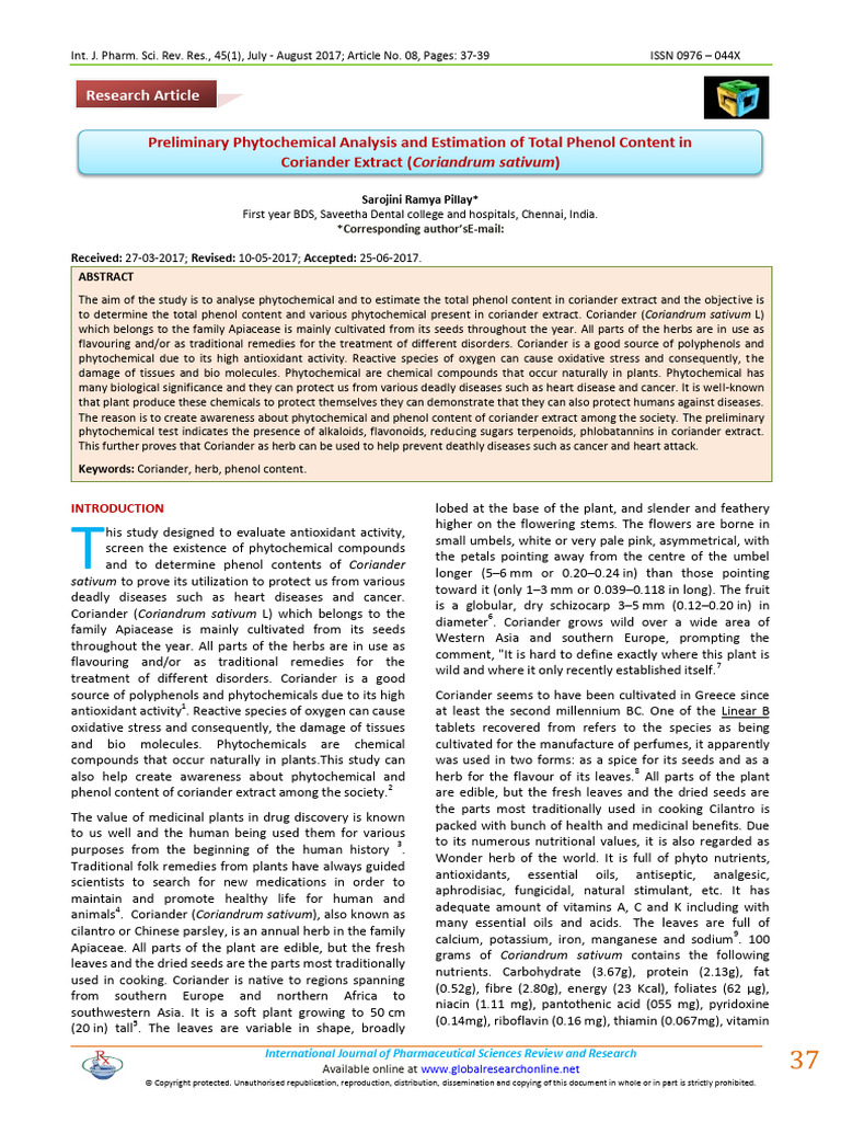 Kandungan Fitokimia Pada Ekstrak Ketumbar.pdf1 | PDF | Coriander | Chemistry