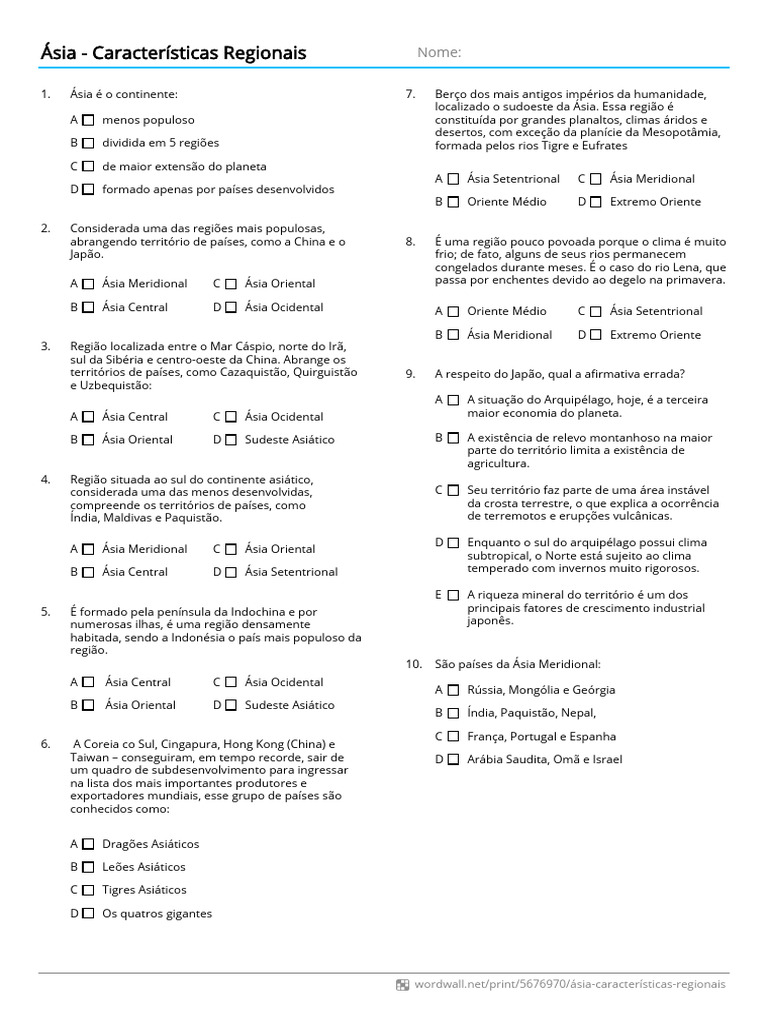 225 Sia Caracter&237 Sticas Regionais Quiz | PDF | Ásia | Ásia central