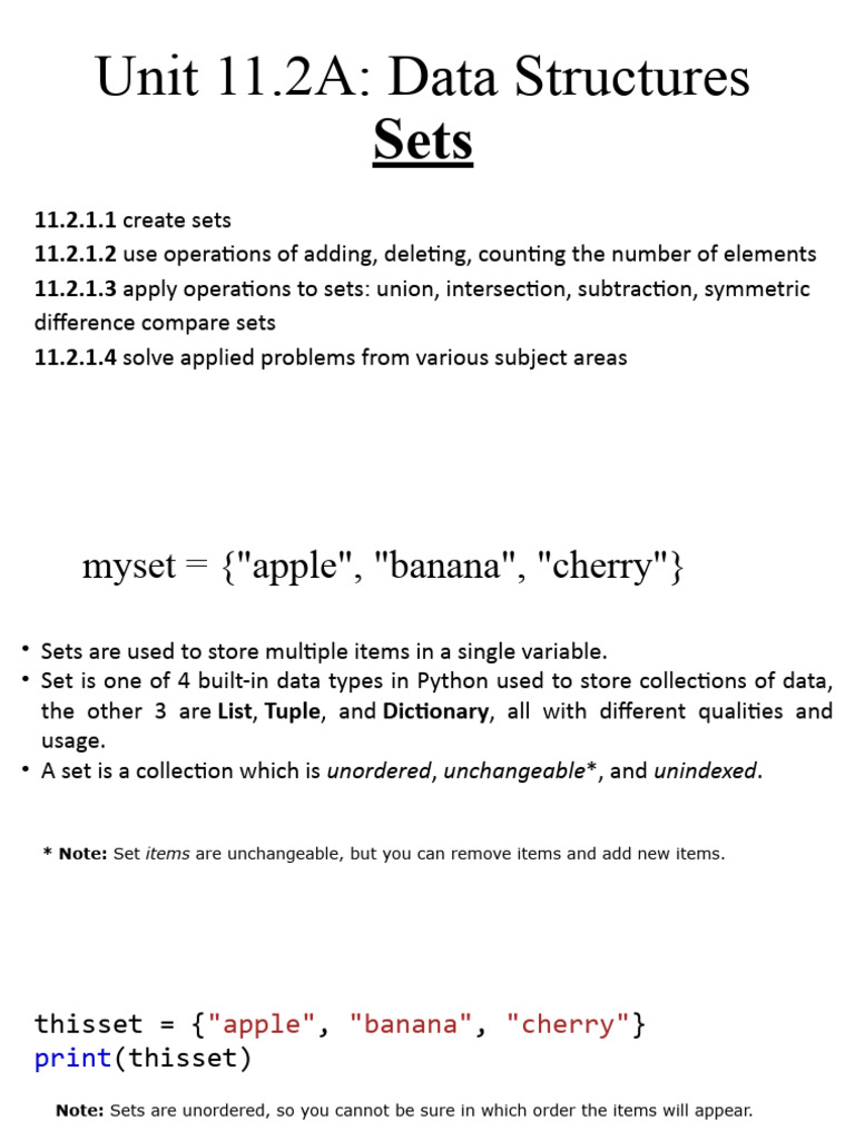 Unit 11.2A: Data Structures: Difference Compare Sets | PDF