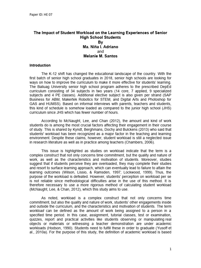 Student Workload Its Impactonthe Learning Experiencesof Senior High ...