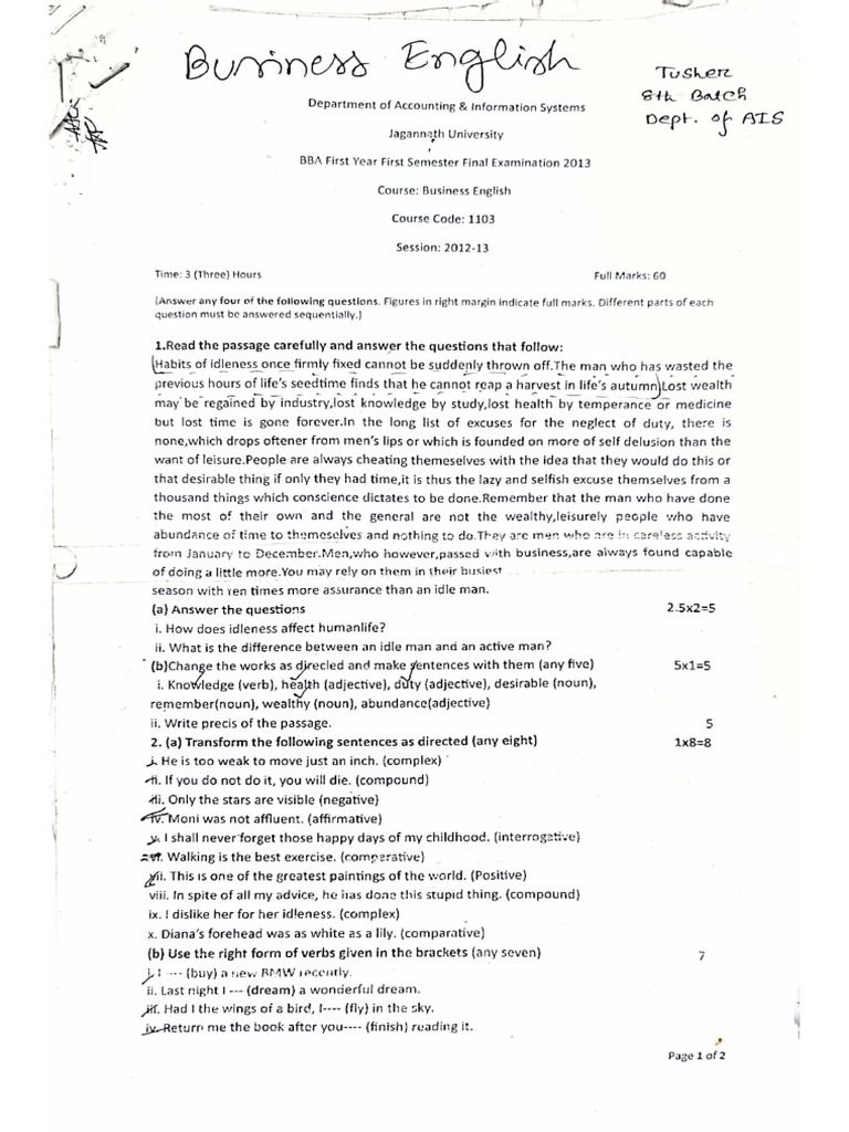 1st Year 1st Semester Previous Question | PDF