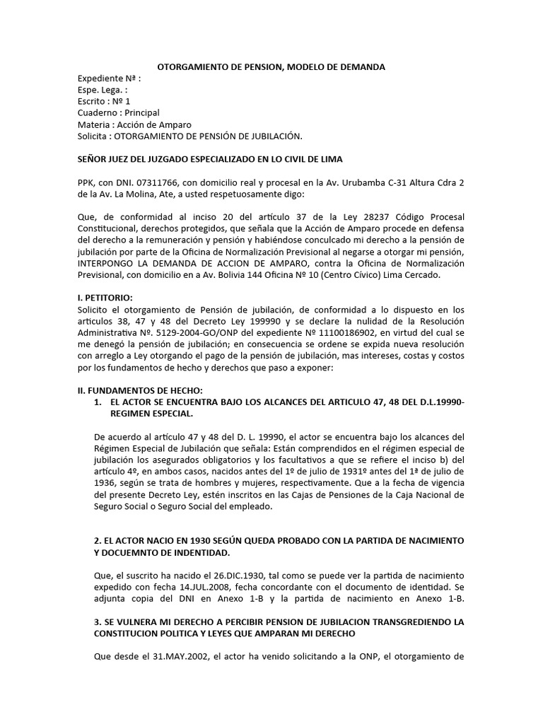 Modelo Demanda Otorgamiento de Pension | PDF | Jubilación | Demanda judicial