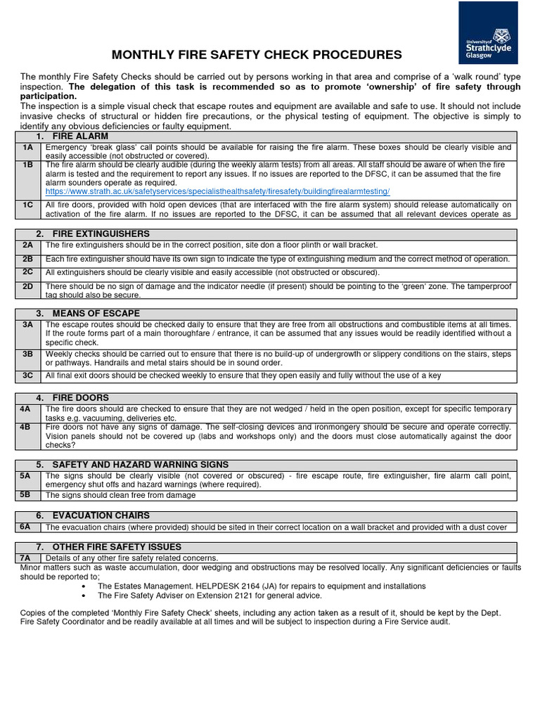 Monthly Fire Safety Check Procedure | PDF | Fire Safety | Fires