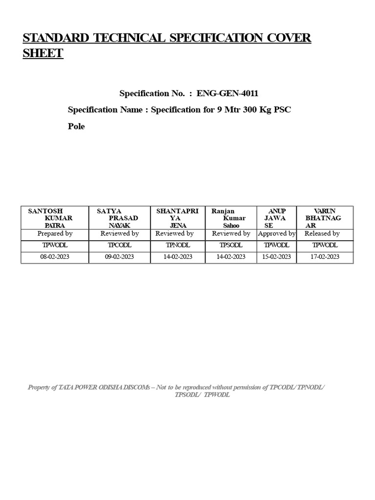 9m PSC Pole Technical Specifications | PDF | Concrete | Specification ...