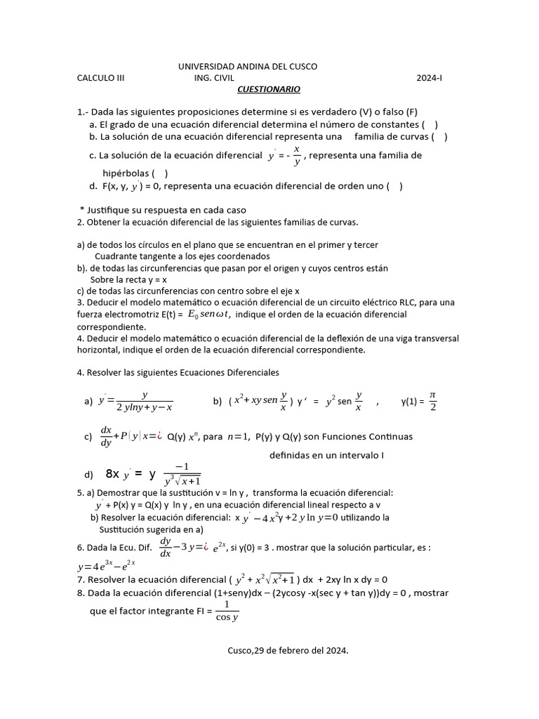 Calculo Iii Cuestionario 2024-I | PDF | Ecuaciones | Ecuaciones diferenciales