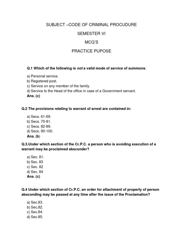 CR.P.C MCQ'S Practice Questions | PDF | Bail | Criminal Procedure In ...
