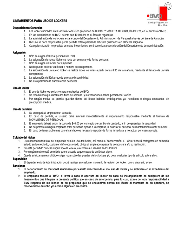 1.- Lineamientos Para Uso de Lockers | PDF