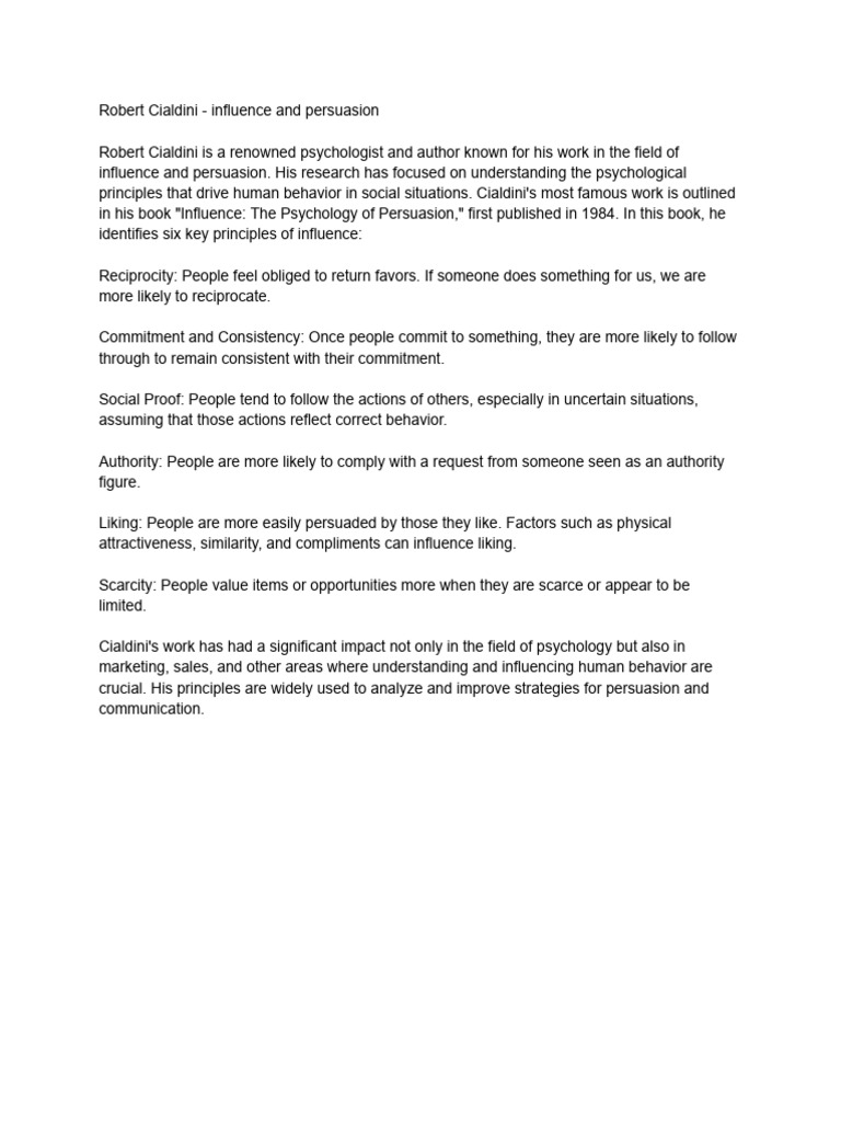 Robert Cialdini - Influence and Persuasion | PDF