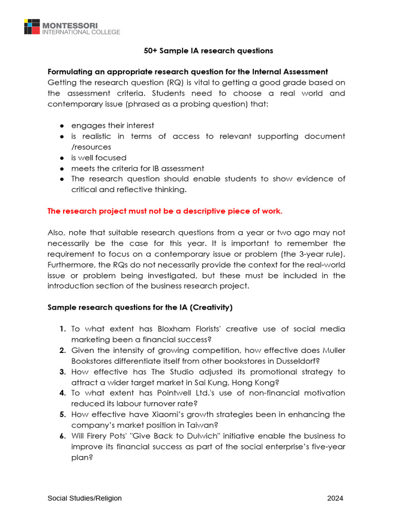 50+ Sample IA Research Questions | PDF | Corporate Social ...