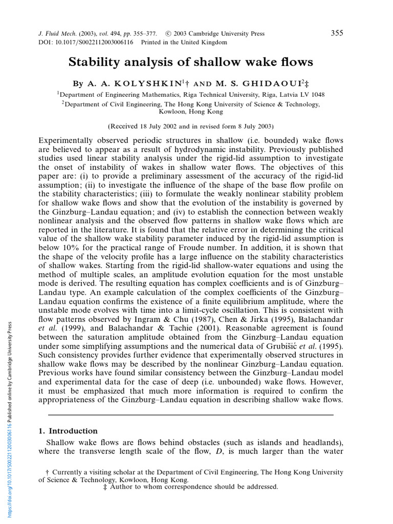 Stability Analysis of Shallow Wake Flows | PDF | Stability Theory ...