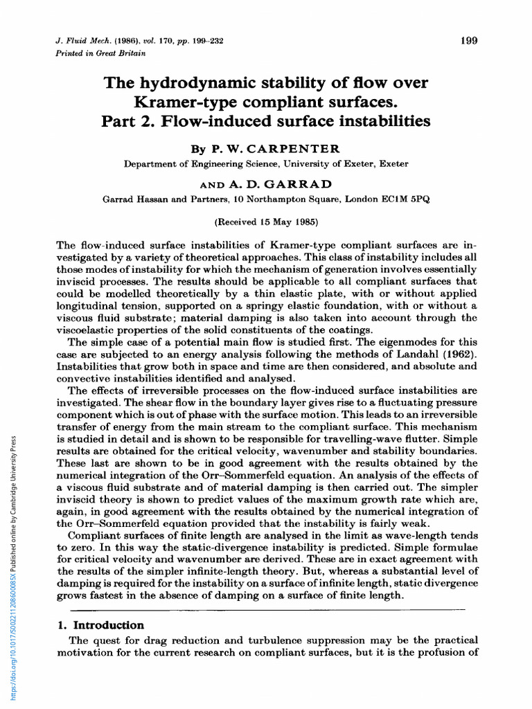 The Hydrodynamic Stability of Flow Over Kramer Type Compliant Surfaces ...