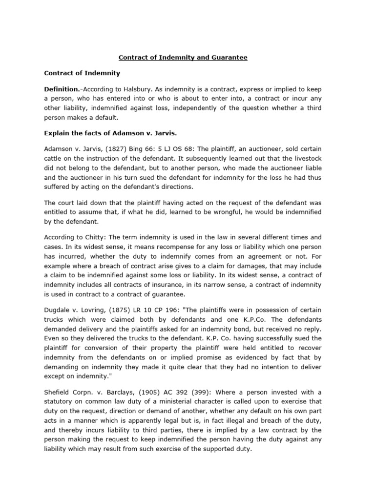 Indemnity Under Contract Law 1872 Pdf Guarantee Indemnity